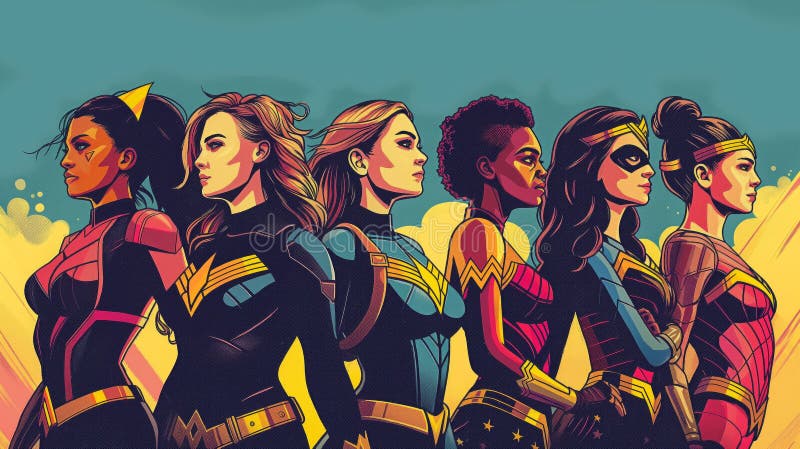 Graphic Illustration of Strong Female Superheroes in Dynamic Poses ...