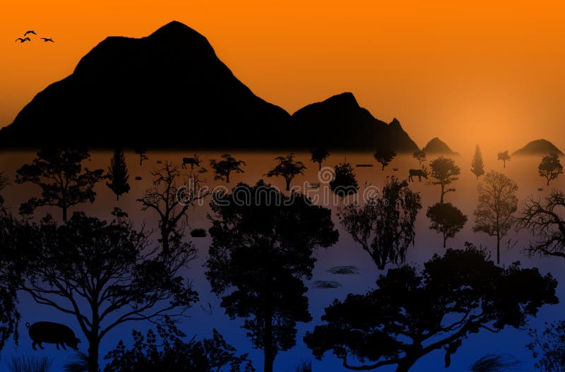 Graphic Illustration of a Sunset Over a Tree-lined Valley with Grazing ...