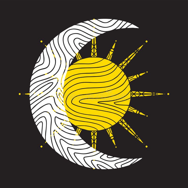 Graphic Illustration, Texture Patterned Golden Sun and Silver Moon ...