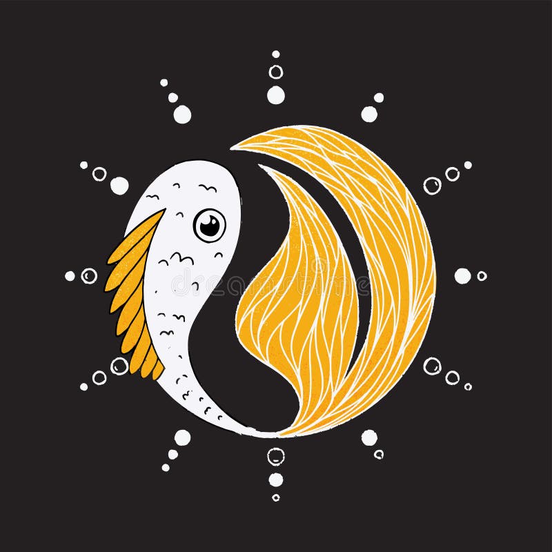 Graphic Illustration, Textured Patterned Golden Sun and Silver Fish ...