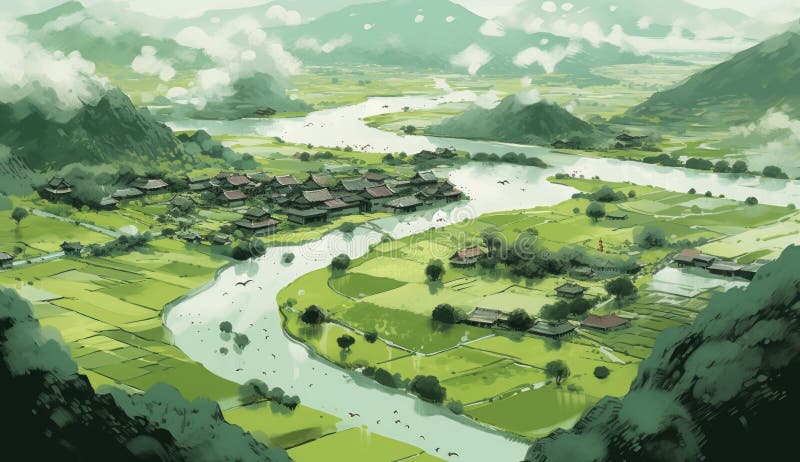 Graphic Illustration of Village View Generative AI Stock Illustration ...