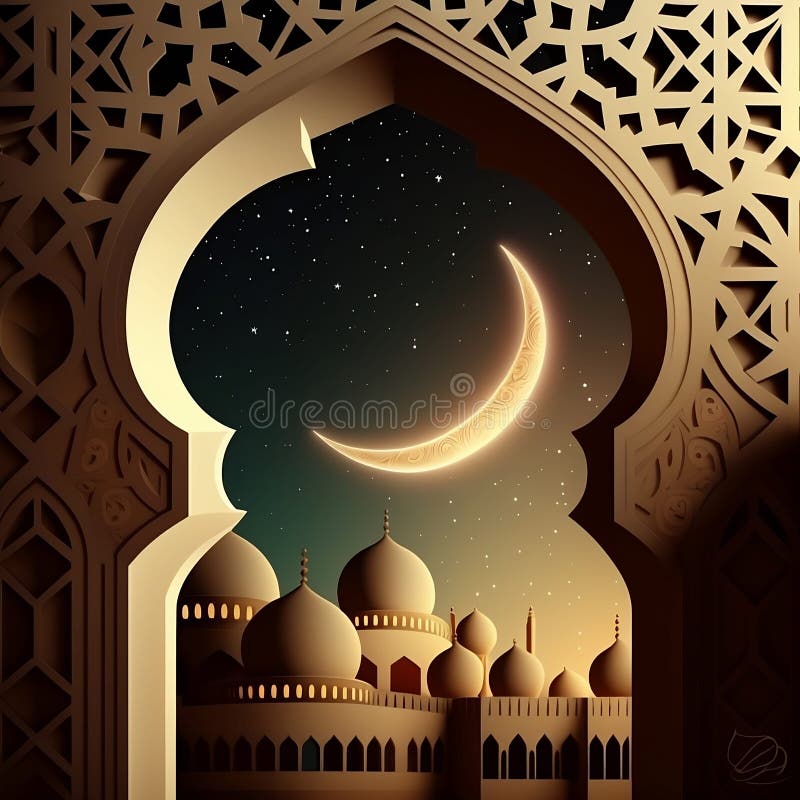 Graphic Image of a Mosque at Dusk with Gates and Islamic Geometric ...