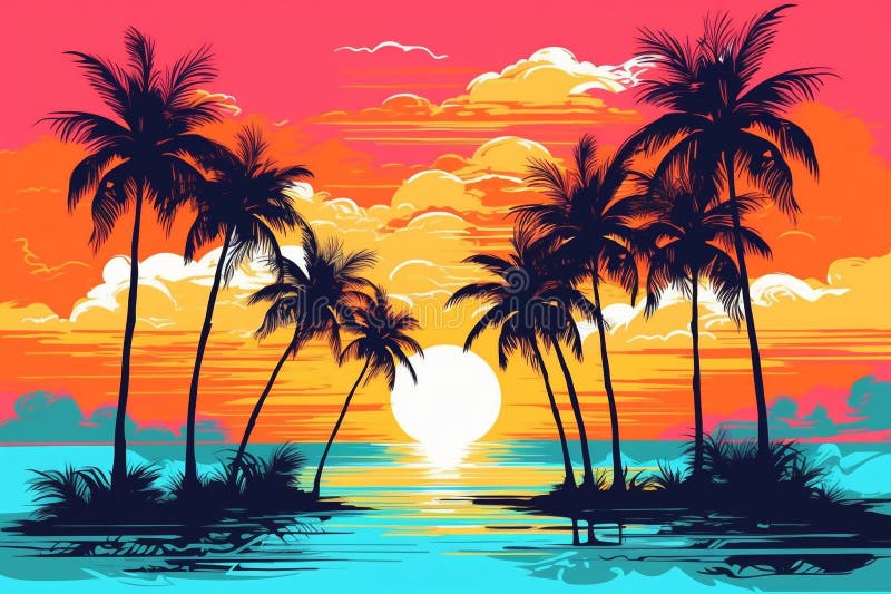 Graphic Image with Palm Trees and Sunset, Generative Ai Stock ...