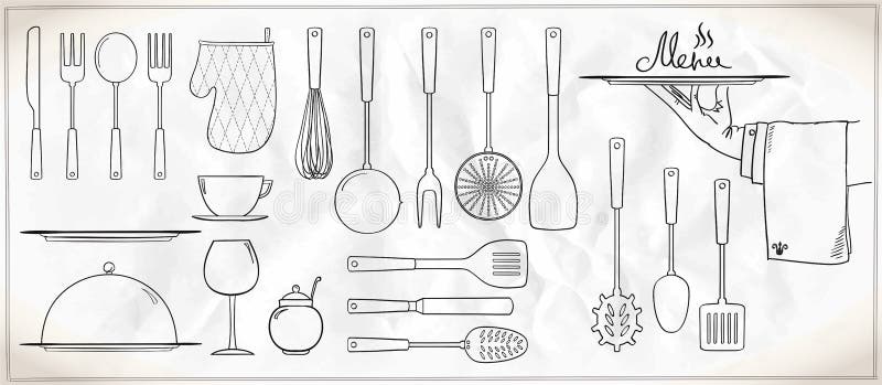 Graphic Kitchen Utensils and Tableware Stock Vector - Illustration of ...