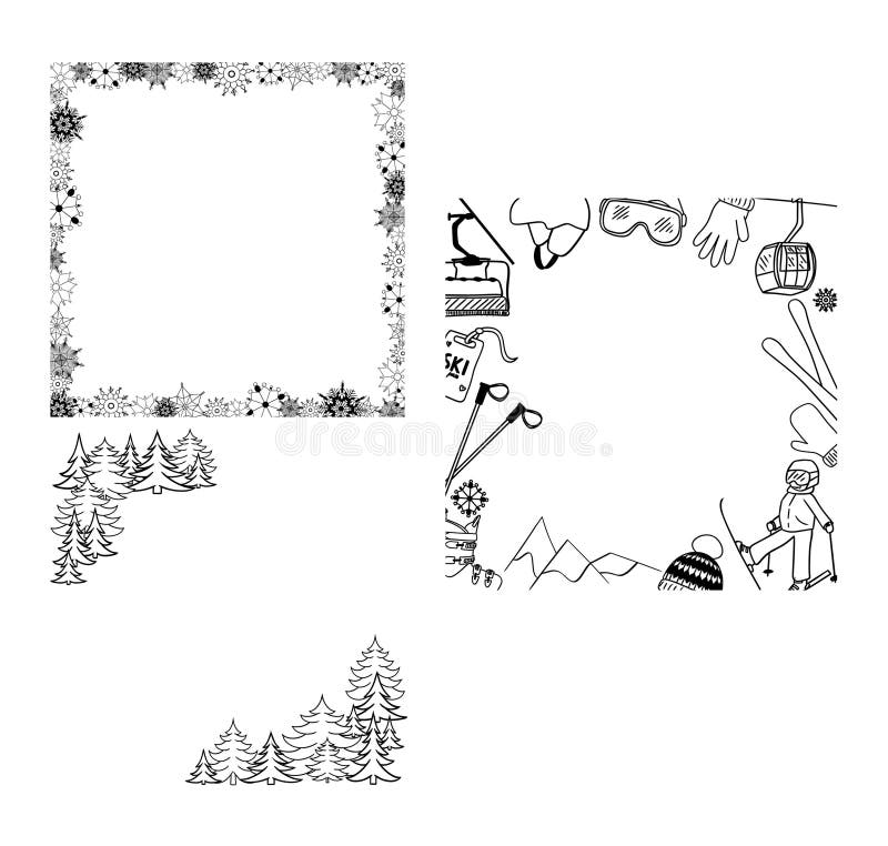 Graphic Line Vector Square Frame Set with Winter Elements Ski Equipment ...