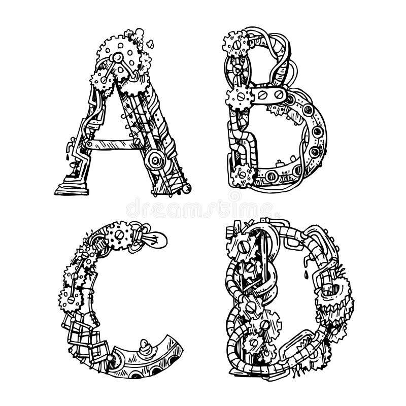 Hand Drawn Vector Seamless Pattern with Mechanical Letters. Stock ...