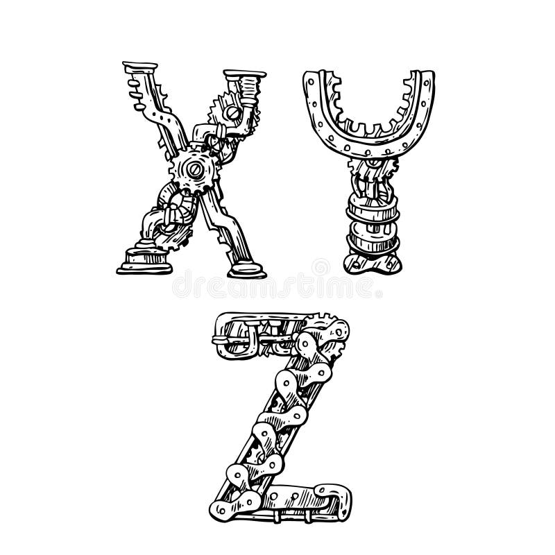 Hand Drawn Vector Seamless Pattern with Mechanical Letters. Stock ...