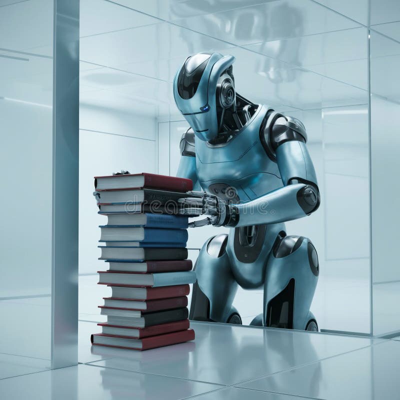 Graphic Silver Robot with a Stack of Books Stock Illustration ...