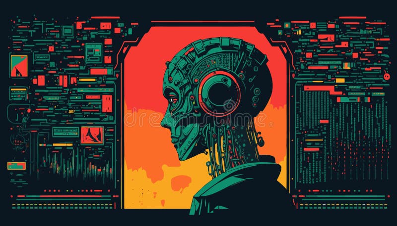 A Graphic Novel Anime Style Robot on a Background of Computer Circuitry ...