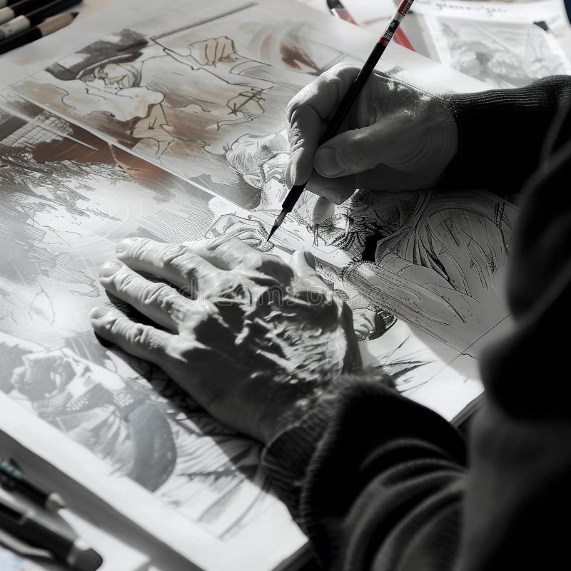 Graphic Novel Scene in Progress, Artist Illustrating a Dramatic Moment ...