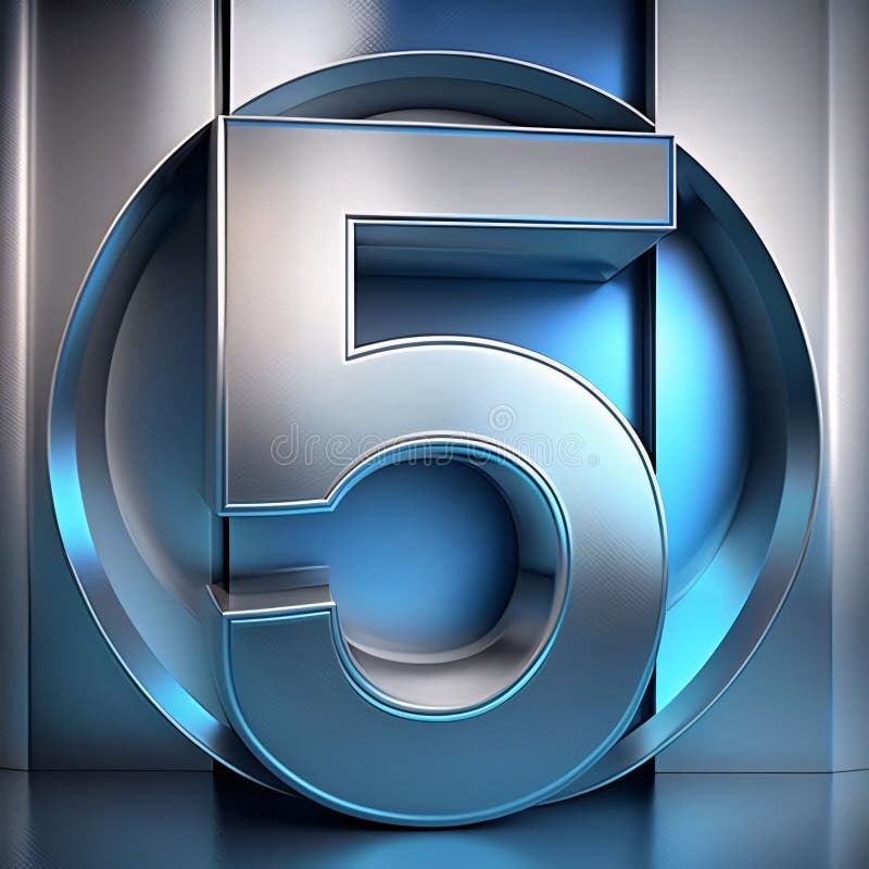 3d Render of Metallic Number 5 with Blue Light on Metal Background ...