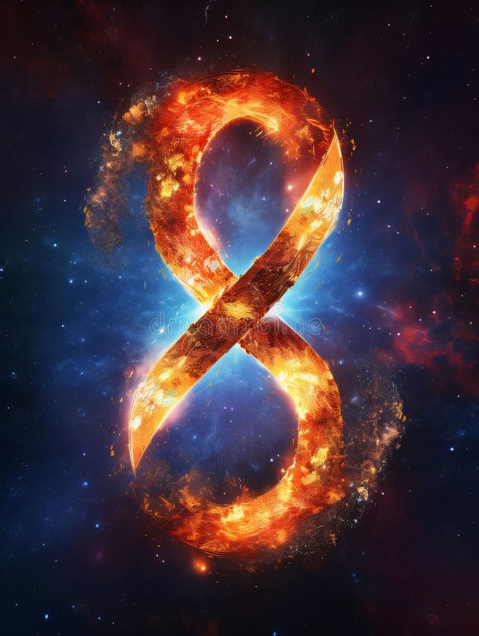 Infinity Symbol in Space with Fire and Stars. 3D Rendering Number 8 ...