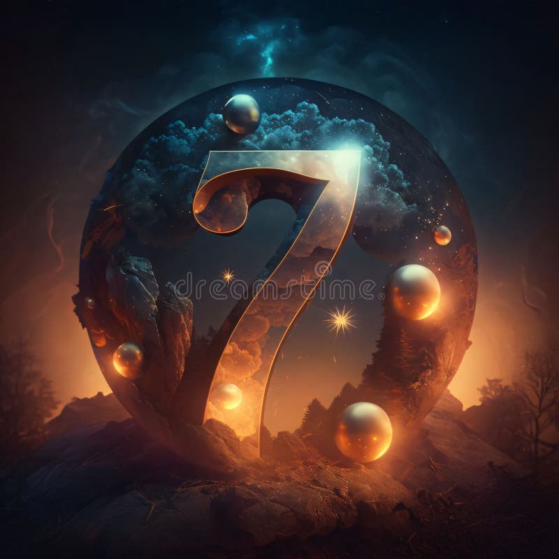 Number 7 in a Magic Sphere Surrounded by Stars and Planets. 3D ...