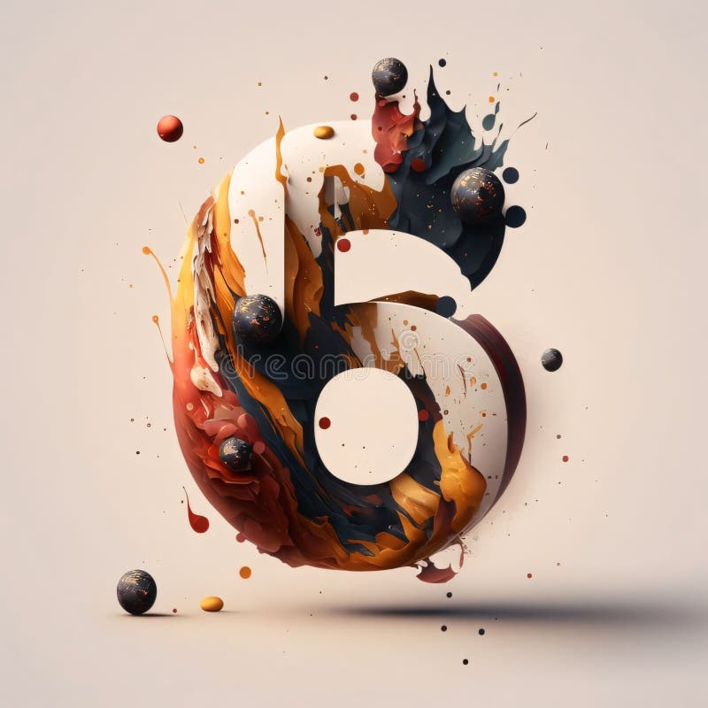 Number Six with Paint Splashes and Drops. 3d Rendering Stock ...