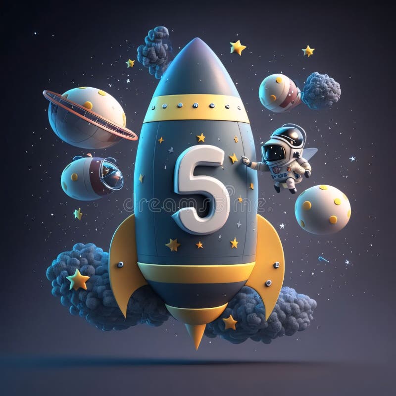 Rocket with Number 5 and Planets on Dark Background. 3d Illustration ...