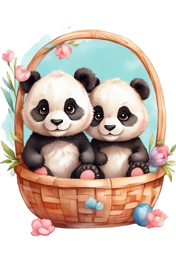 Cute Graphic of a Panda in an Easter Basket with Easter Eggs Stock ...