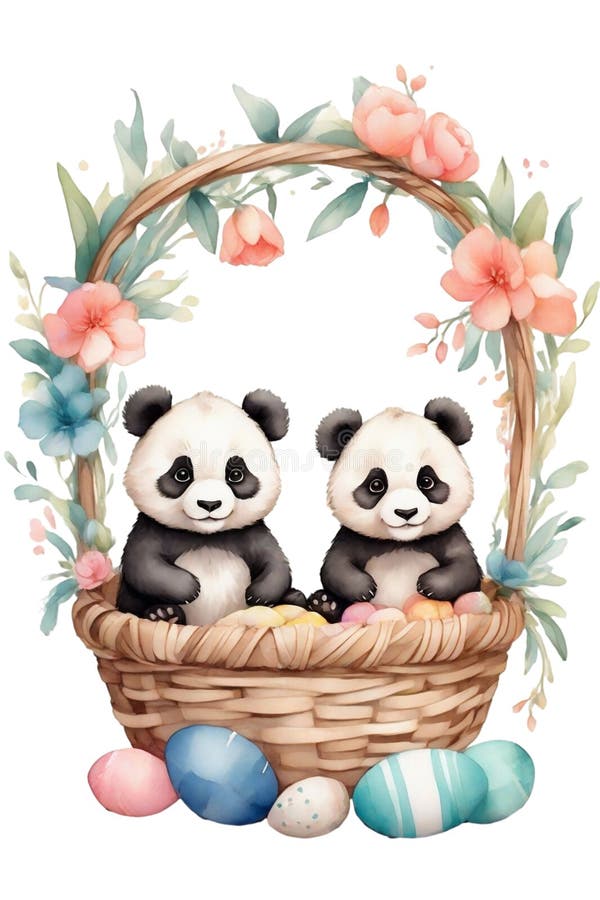 Cute Graphic of a Panda in an Easter Basket with Easter Eggs Stock ...
