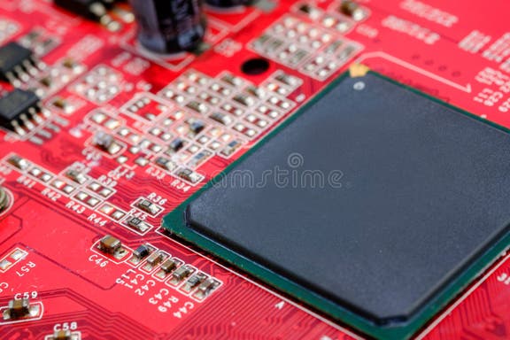Graphic Processing Unit GPU and Electronic Components on Red Printed ...