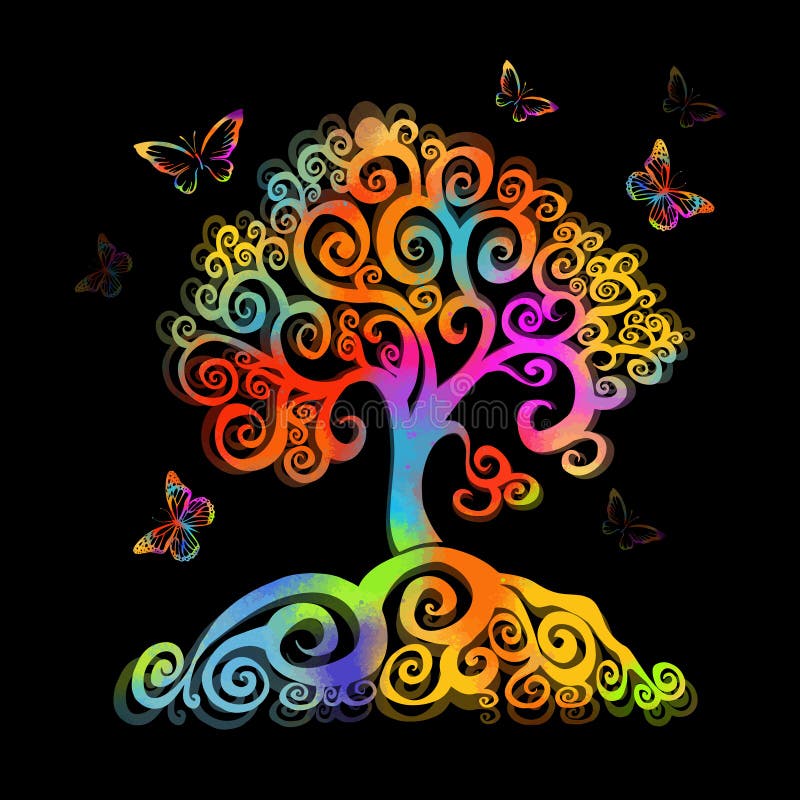 Graphic Rainbow Beautiful Abstract Tree with Butterflies. Vector ...