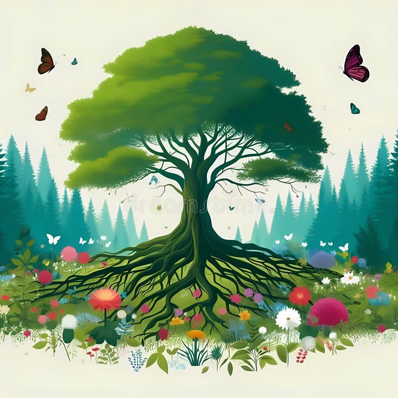Illustration of a Large Tree with Its Roots Exposed Stock Illustration ...