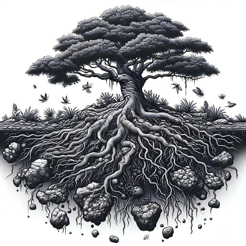 Illustration of a Large Tree with Its Roots Exposed Stock Illustration ...