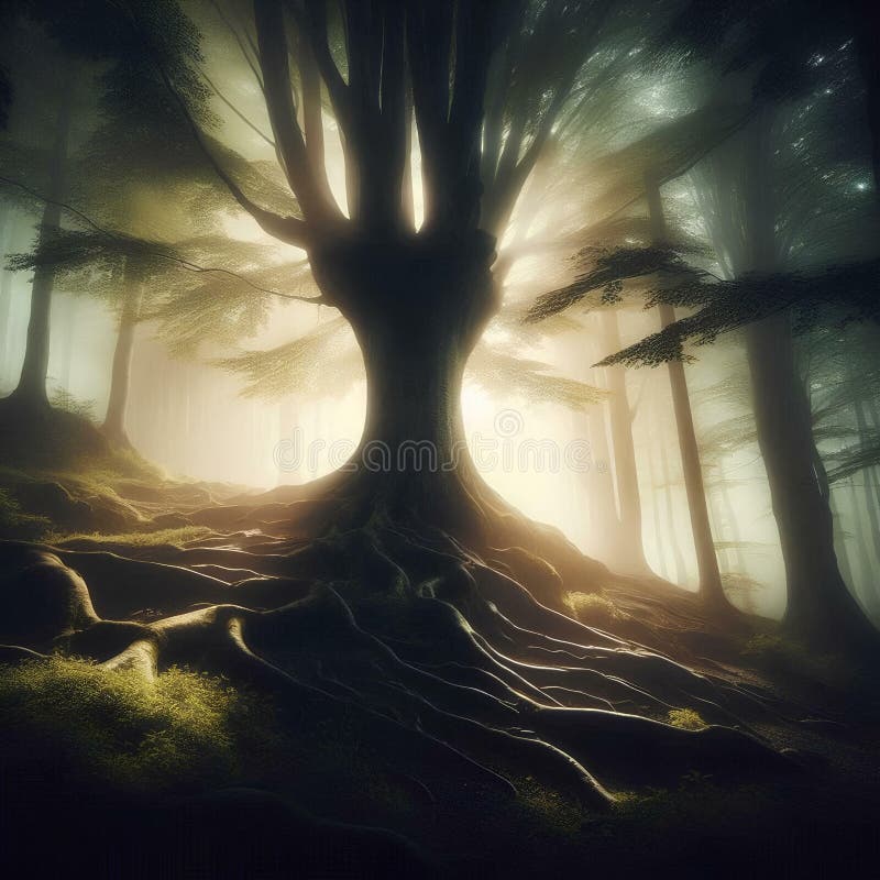 Illustration of a Large Tree with Its Roots Exposed Stock Illustration ...