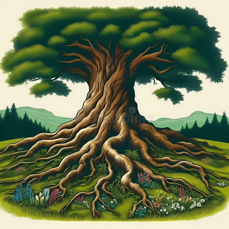 Illustration of a Large Tree with Its Roots Exposed Stock Illustration ...
