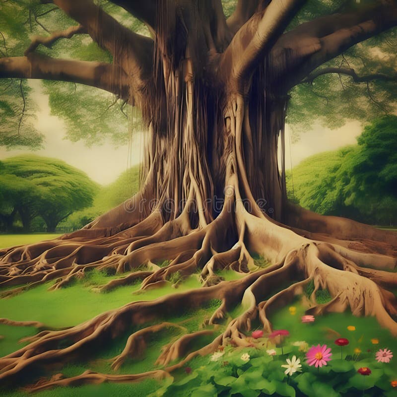 Illustration of a Large Tree with Its Roots Exposed Stock Illustration ...