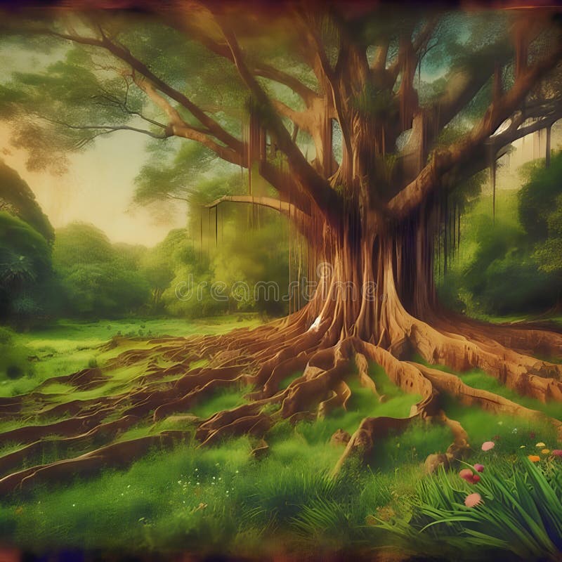 Illustration of a Large Tree with Its Roots Exposed Stock Illustration ...