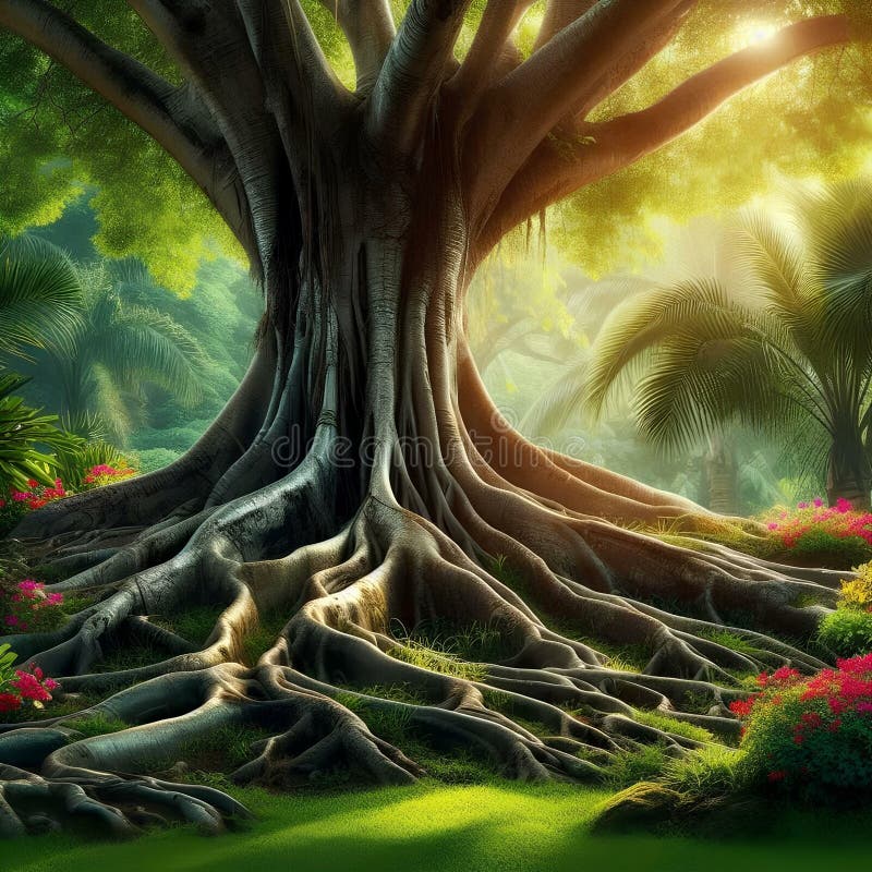 Illustration of a Large Tree with Its Roots Exposed Stock Illustration ...