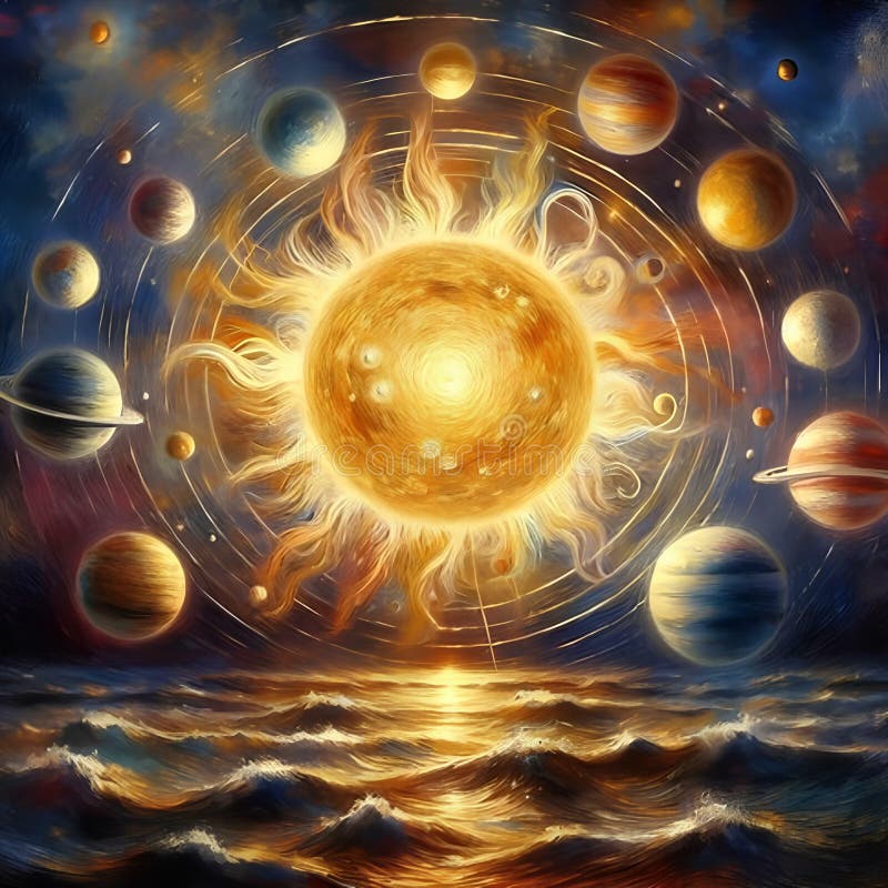 The Sun Being Orbited by Celestial Bodies Stock Illustration ...