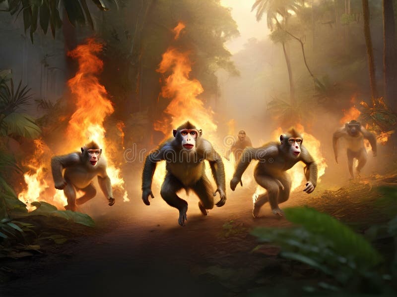 Image of Monkeys Escaping from a Burning Forest 2 Stock Illustration ...
