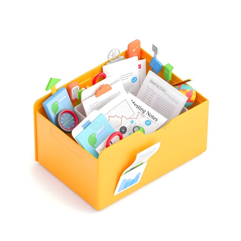 A Brightly Colored Box Overflowing with Assorted Papers and Small ...