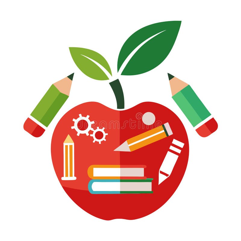 Educational Apple with Pencils, Books, and Gears Symbolizing Knowledge ...