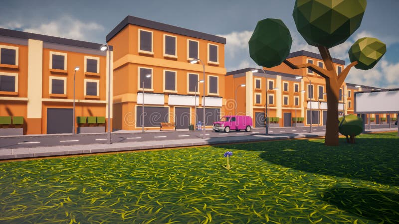 3D Rendering Landscape of Old Town Street Created with Computer Low ...