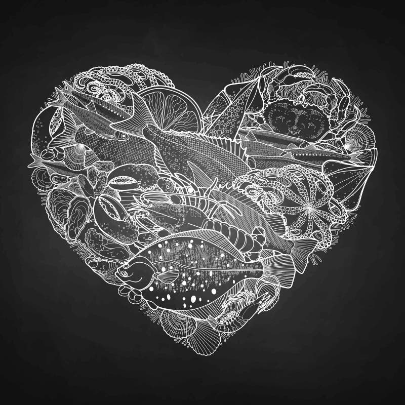 Graphic Seafood in the Shape of Heart Stock Illustration - Illustration ...
