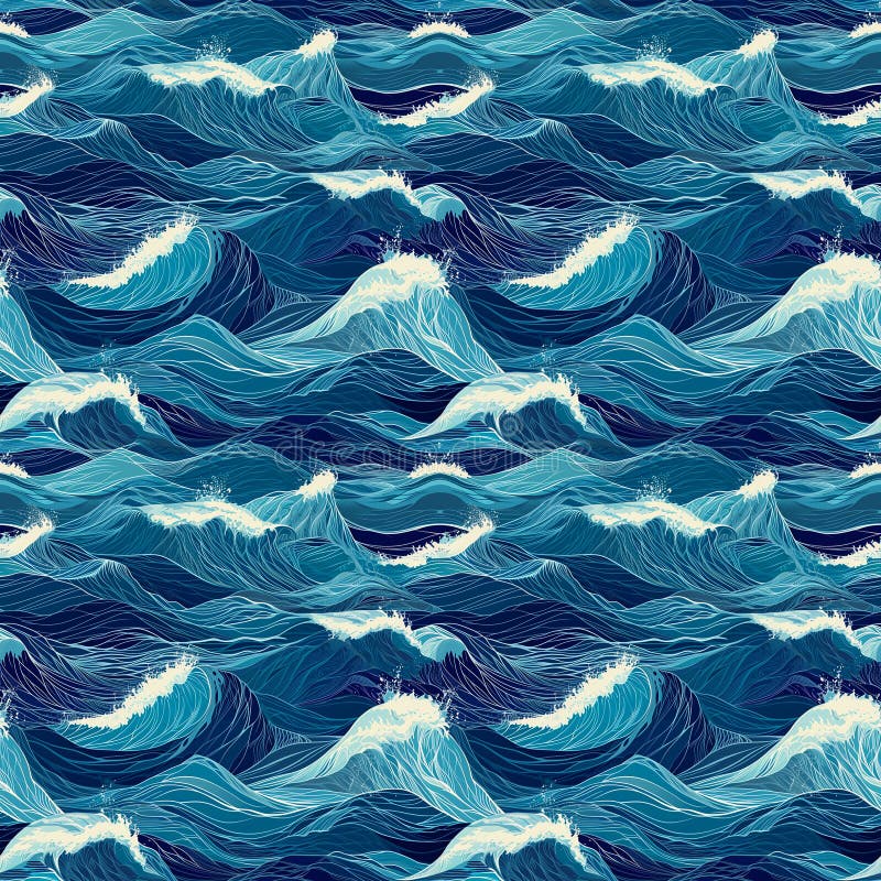 Graphic Seamless Pattern of Graceful Blue Waves in the Sea Stock ...