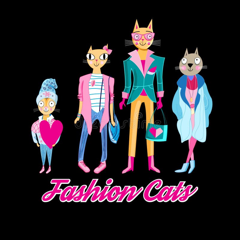 Set Of Cartoon Cats In Funny Clothes Stock Vector - Illustration of ...