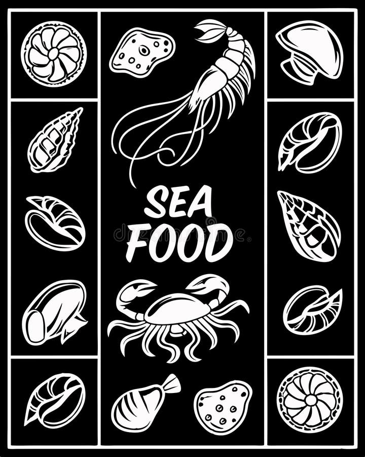 Delicious Seafood Graphics Featuring Various Marine Delicacies in Black and White Stock ...