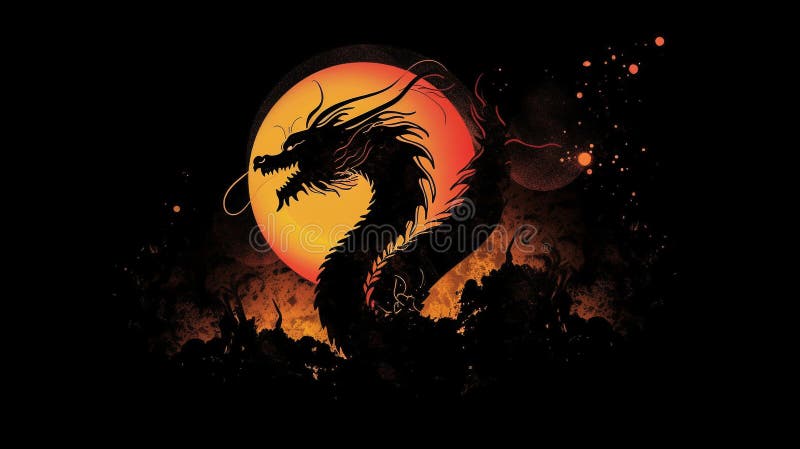 Graphic Silhouette of a Dragon Against the Sun Stock Illustration ...