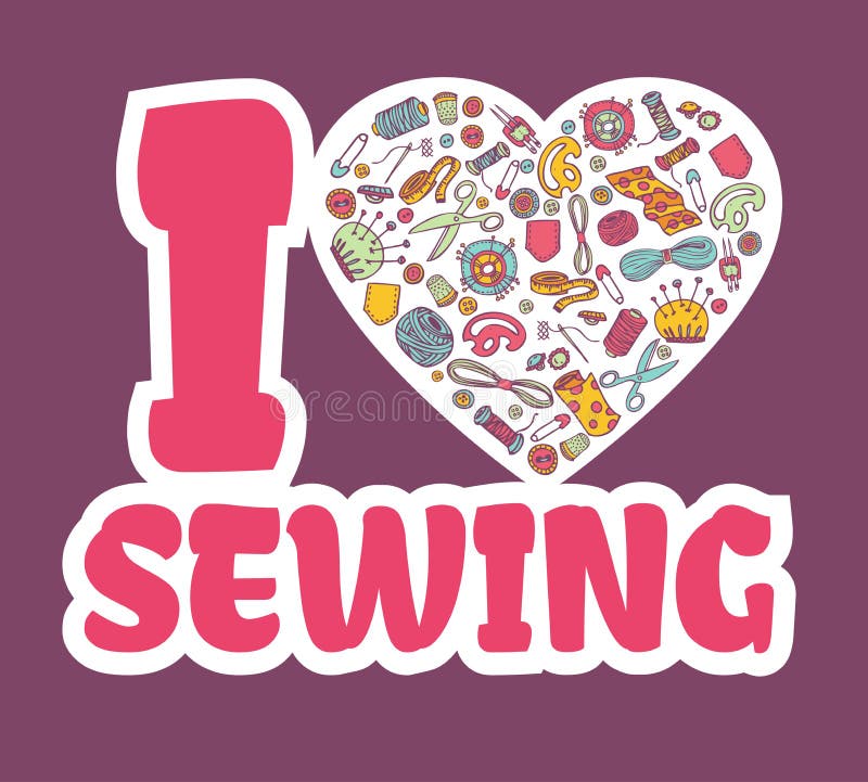 Sewing Love Doodle Illustration In Shape Of Heart Handicrafted Logo