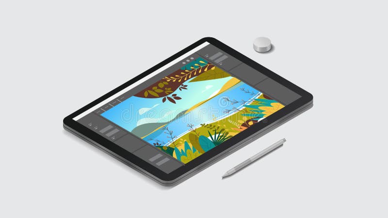 Graphic Tablet with Beautiful Landscape Wallpaper on Screen Realistic ...