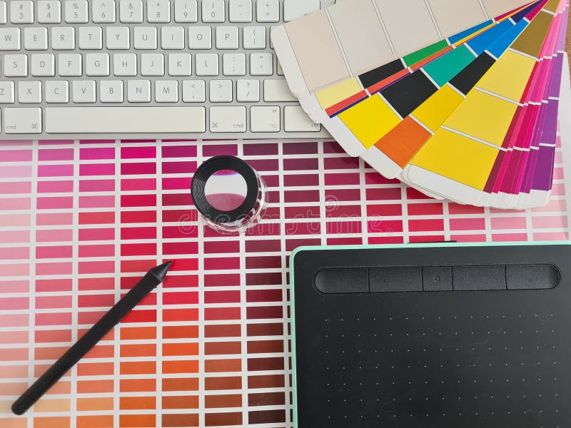 Graphic Tablet Stylus and Color Palette on Table Stock Image - Image of ...