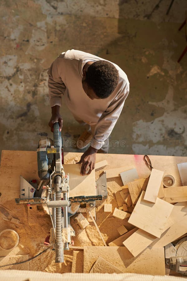 Graphic Top View of Black Man As Carpenter Cutting Wood Panel in ...
