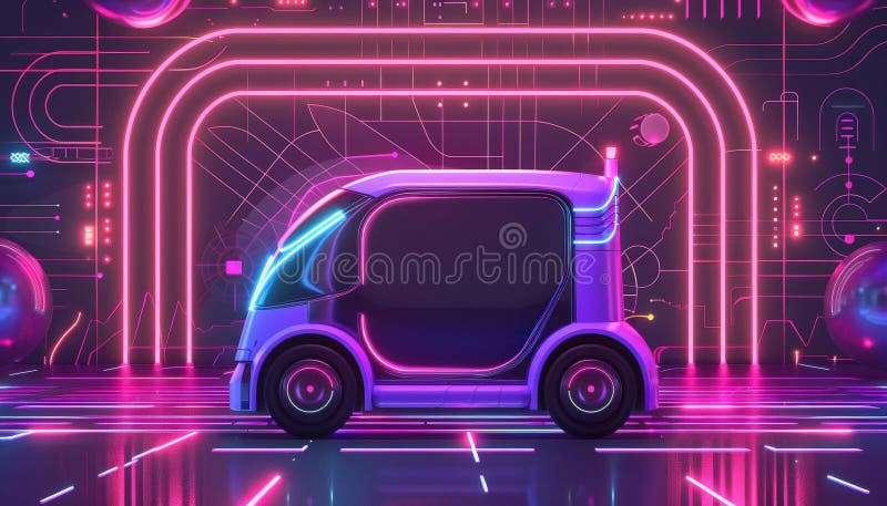 Graphic of Vector Illustration of an Autonomous Bus in a Neonlit City ...
