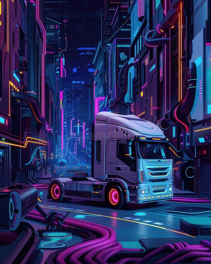 Graphic of Vector Illustration of an Autonomous Bus in a Neonlit City ...