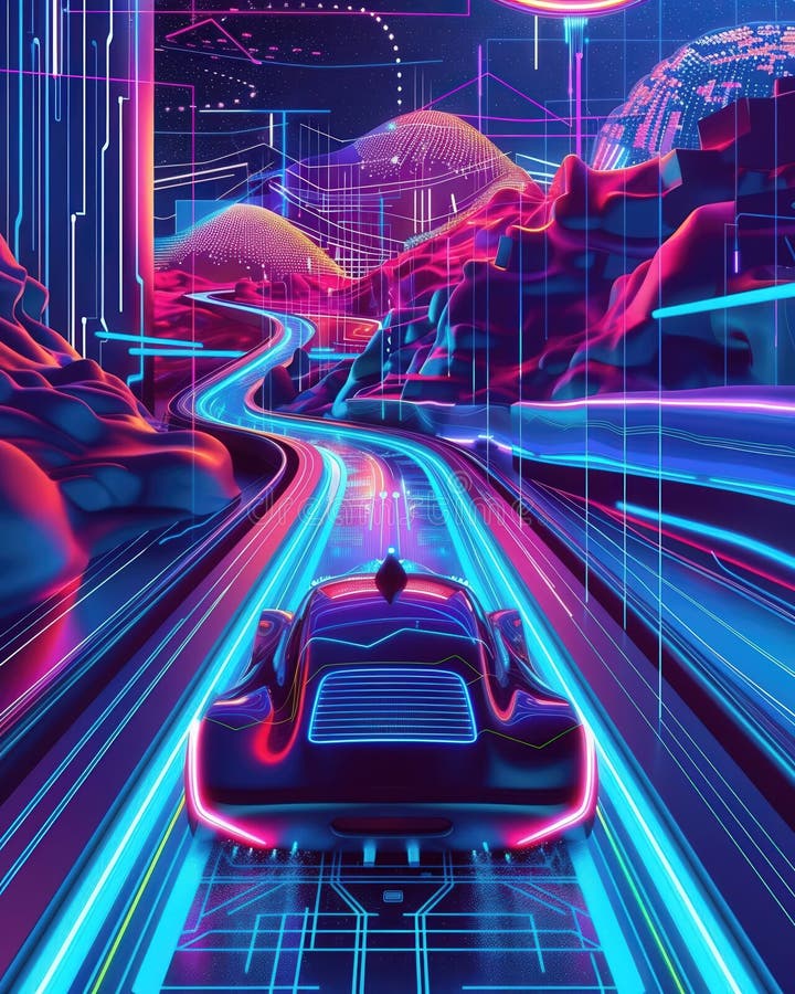 Graphic of Vector Illustration of an Autonomous Bus in a Neonlit City ...