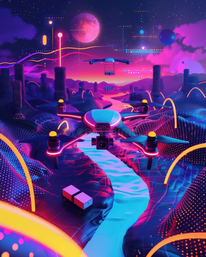 Graphic of Vector Illustration of an Autonomous Bus in a Neonlit City ...