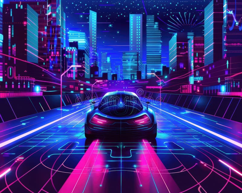 Graphic of Vector Illustration of an Autonomous Bus in a Neonlit City ...