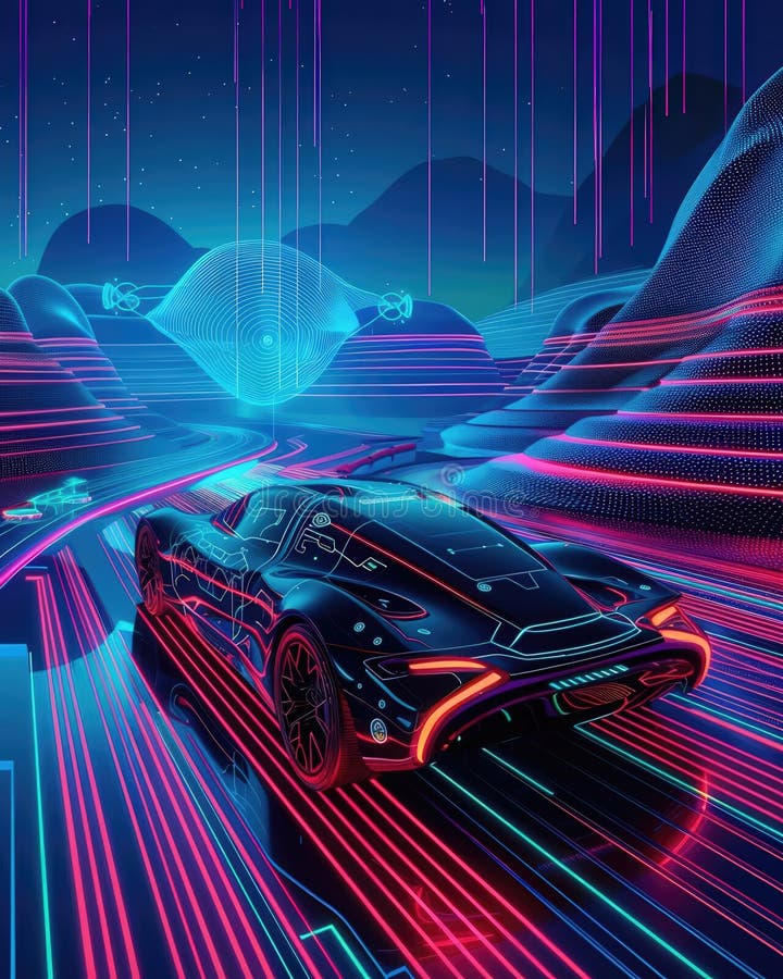 Graphic of Vector Illustration of an Autonomous Bus in a Neonlit City ...